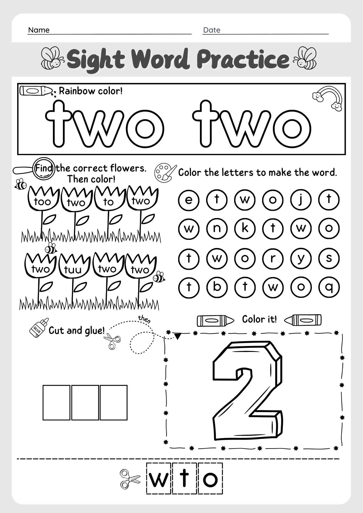 Dolch Sight Word "Two" Cut and Paste, Find and Color, and Find the Words Worksheet for Pre ...